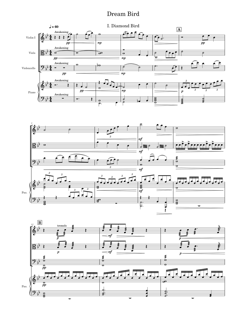 DreamBird - I. Diamond Bird Sheet music for Piano, Violin, Viola, Cello ...