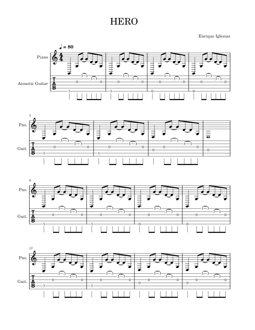 Hero – Enrique Iglesias hero Sheet Music and Tab for Piano, Guitar ...