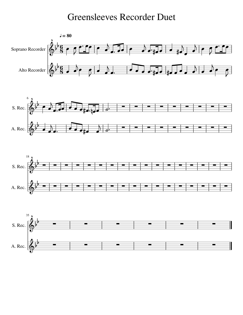 Greensleeves Recorder Duet Sheet Music for Recorder (Woodwind Duet ...
