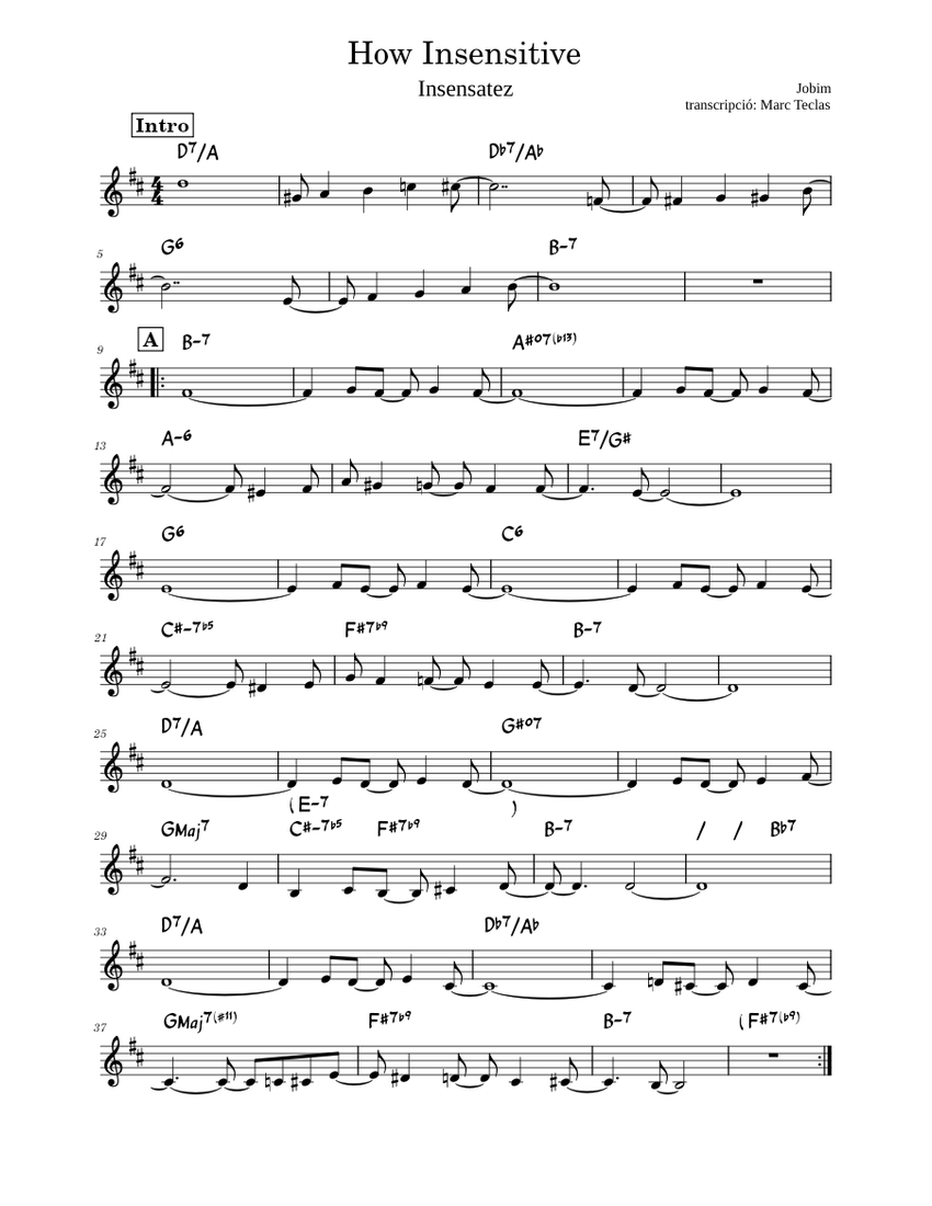 How Insensitive - Jobim (B-) Sheet music for Piano (Solo) Easy ...