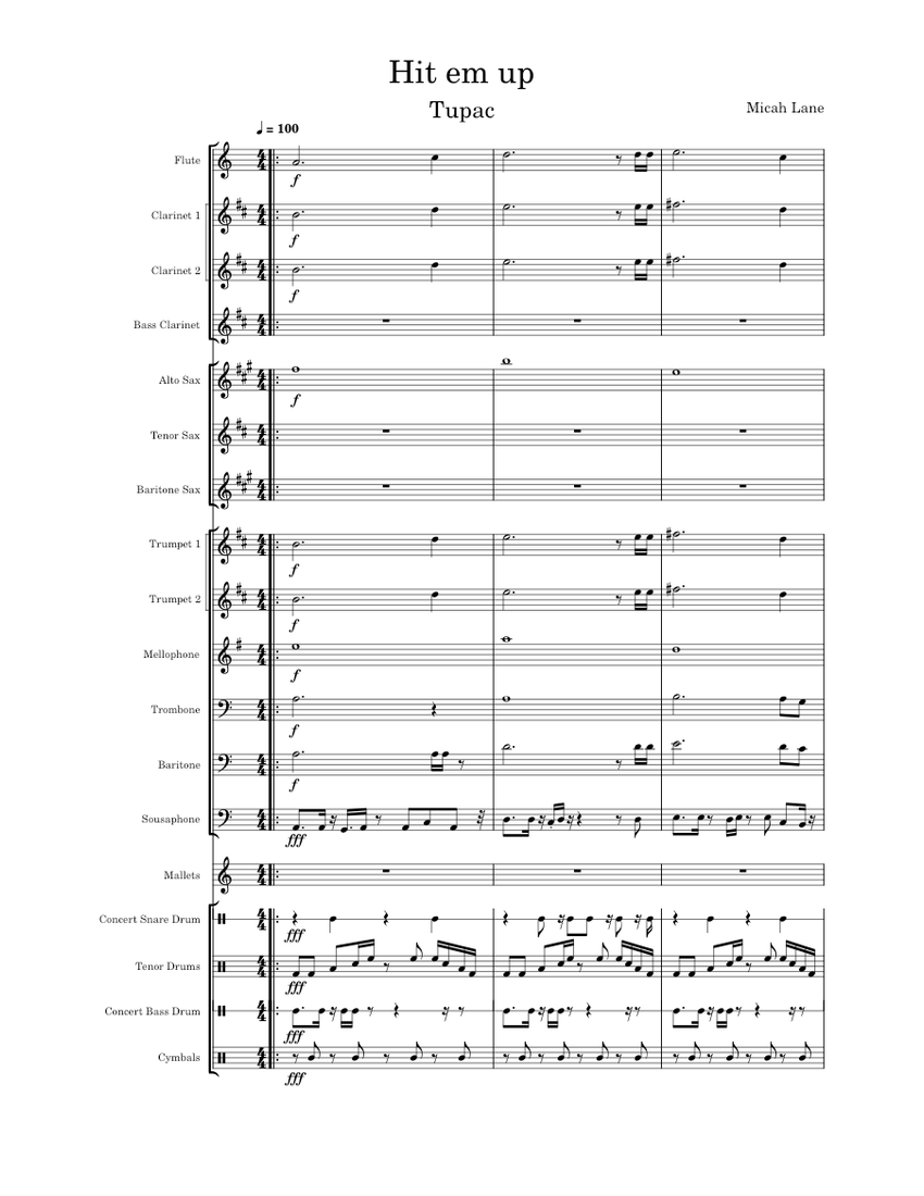 Hit 'Em Up – 2Pac Sheet Music for Trombone, Flute, Clarinet in b-flat ...