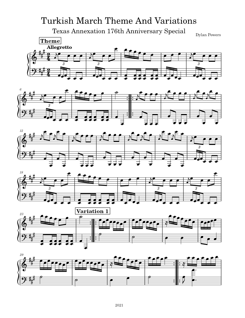 Turkish March Theme And Variations Sheet Music for Piano (Solo ...