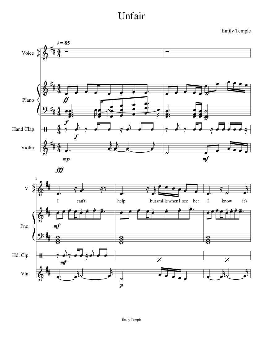 Unfair Sheet Music for Piano, Violin, Hand clap (Mixed Quartet ...