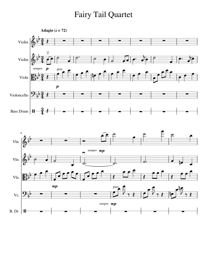 Fairy Tail Quartet Sheet Music for Violin, Viola, Cello, Bass drum ...