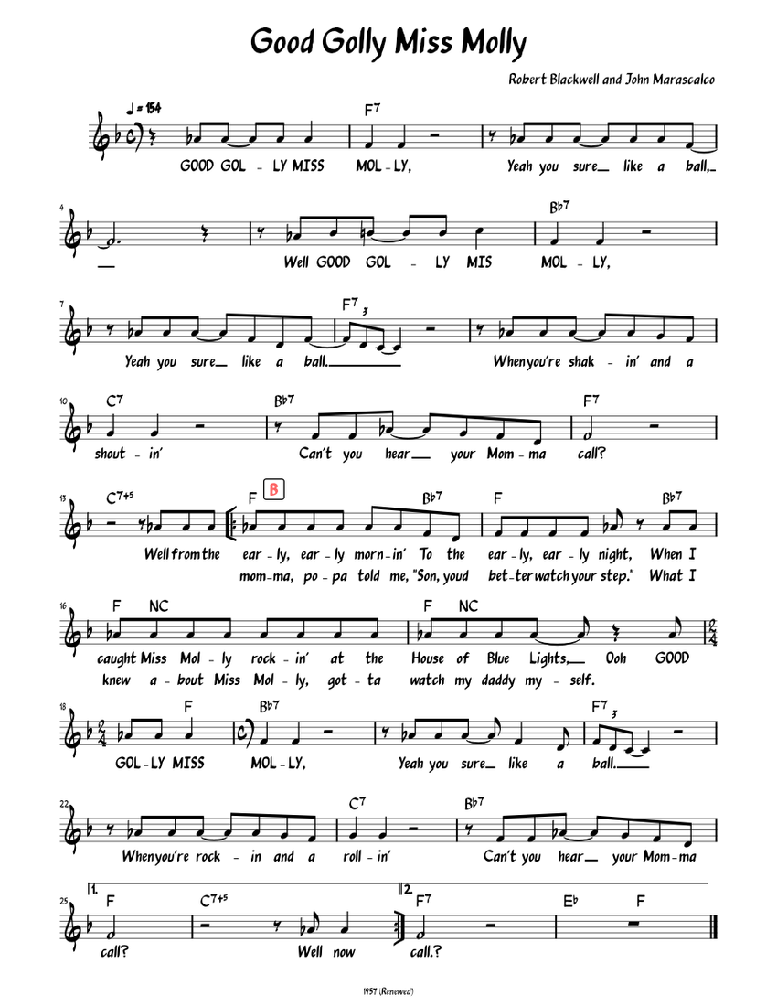 Good Golly Miss Molly (Lead sheet with lyrics ) Sheet Music with Chords ...