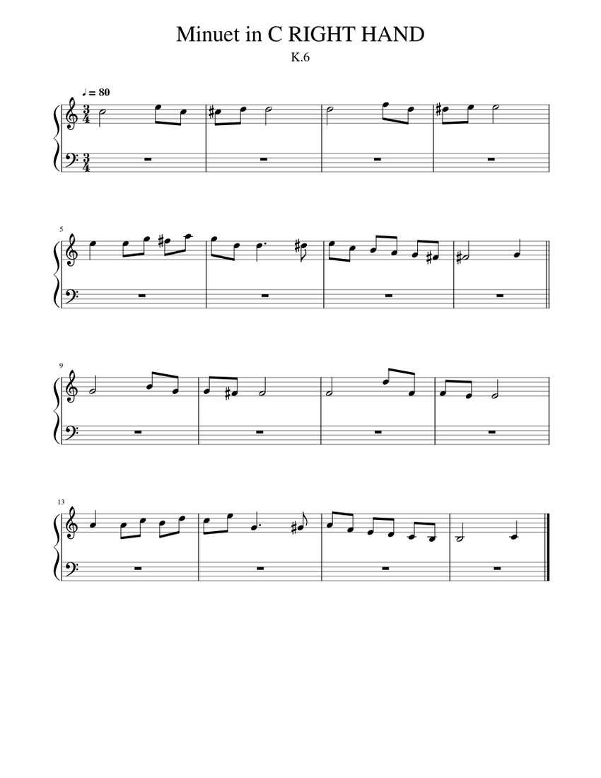 Minuet in C RIGHT HAND Sheet Music for Piano (Solo) easy | MuseScore.com