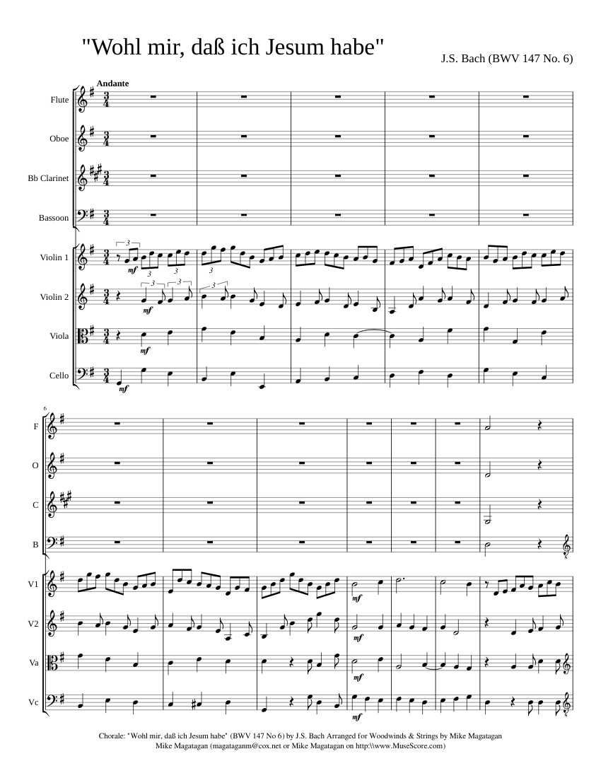 Bach BWV 147 No 6 for Clarinets X Sheet music for Flute, Oboe, Bassoon ...