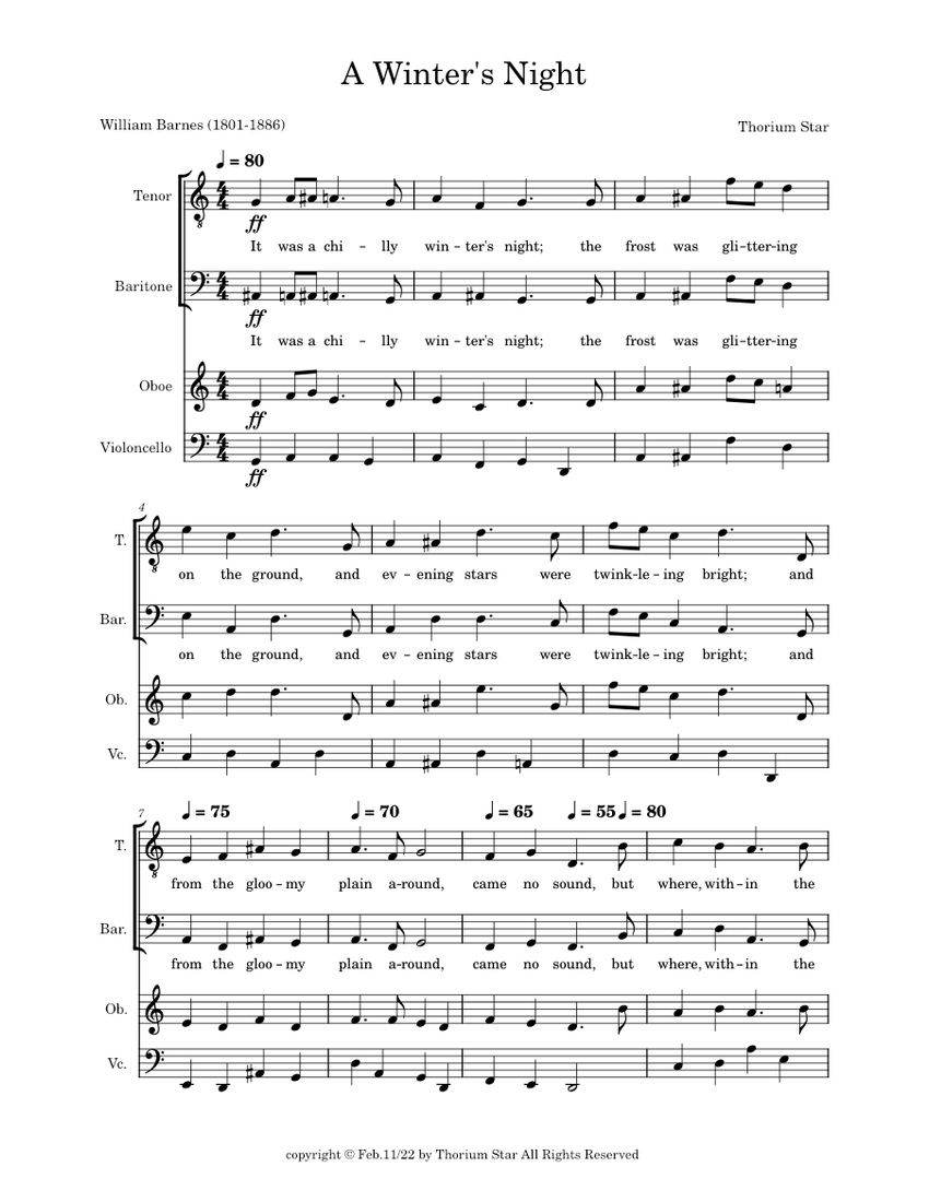 A Winter's Night Sheet Music for Tenor, Baritone, Oboe, Cello (Mixed ...