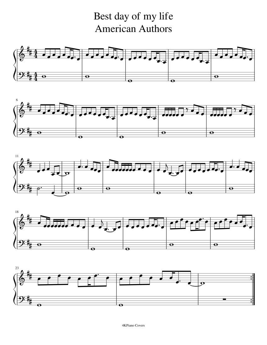 Best day of my life American Authors Sheet Music for Piano (Solo) Easy ...
