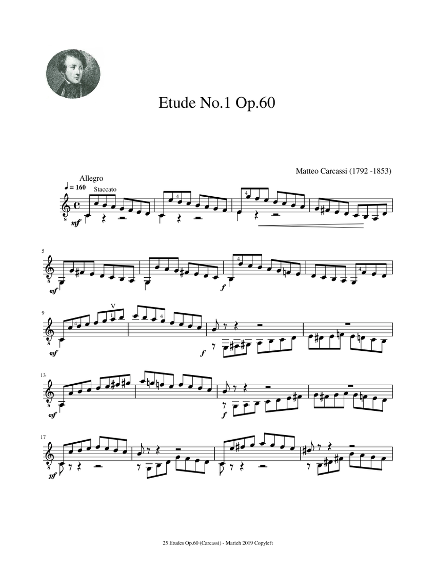 Etude No.1 Op.60 - Matteo Carcassi (1792 - 1853) Sheet Music for Guitar ...