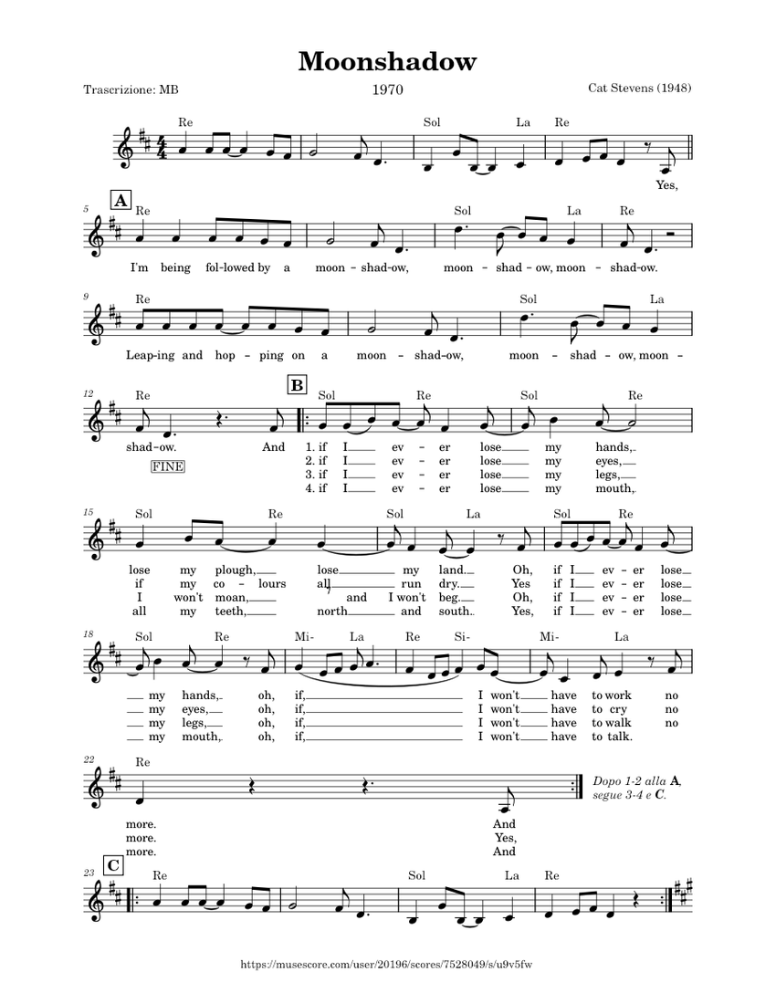 Moonshadow Sheet Music with Chords for Piano (Solo) Easy | MuseScore.com