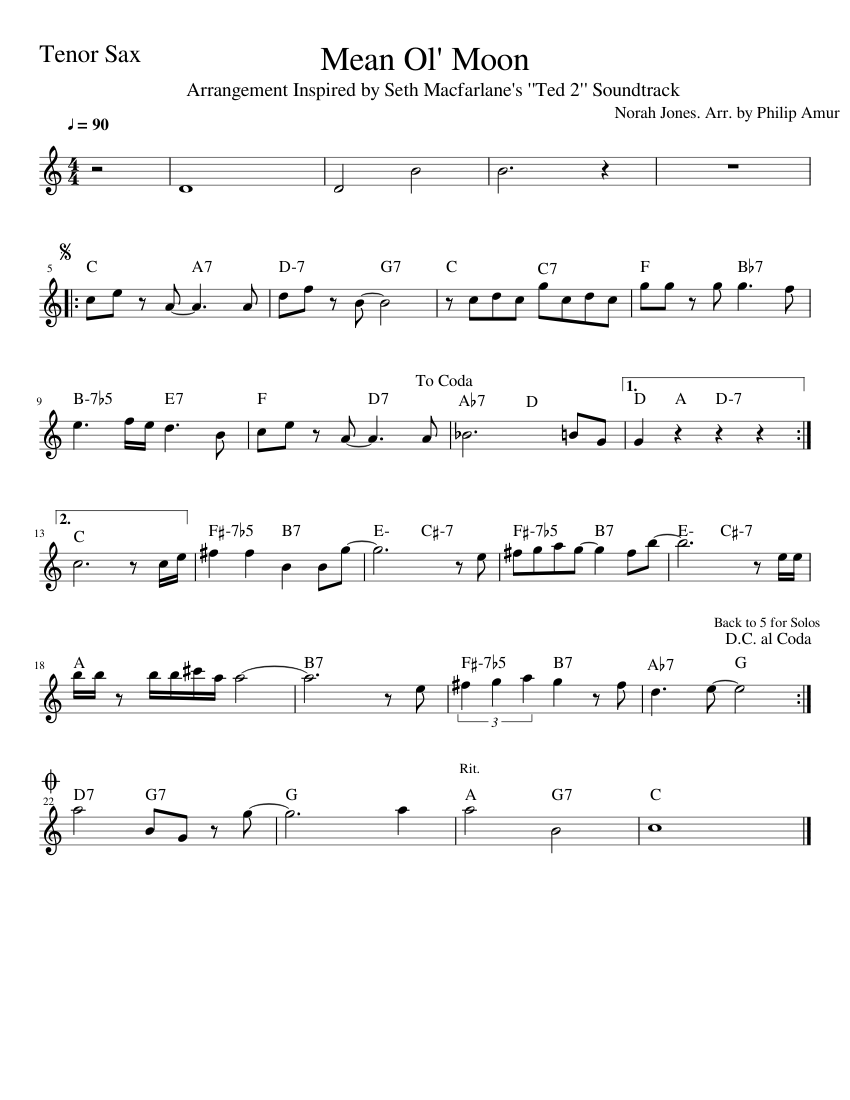 Mean Ol' Moon (Tenor Sax-Combo) Sheet Music for Piano (Solo) Easy ...