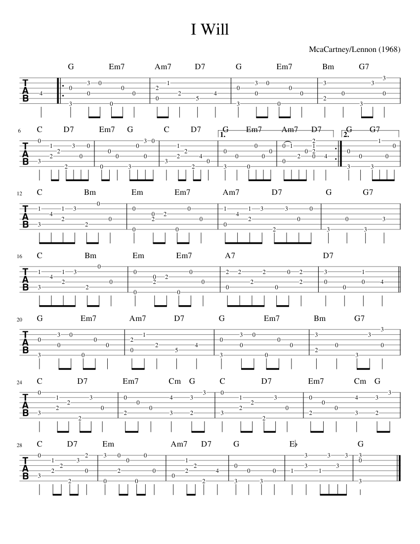 I Will - Beatles solo Fingerstyle Guitar Sheet Music and Tab with ...