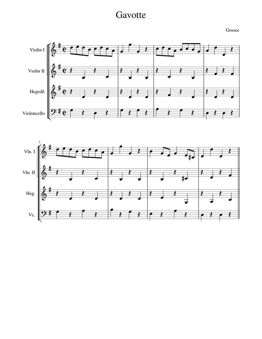 Gossec Gavotte Sheet Music for Violin, Cello (Mixed Quartet ...