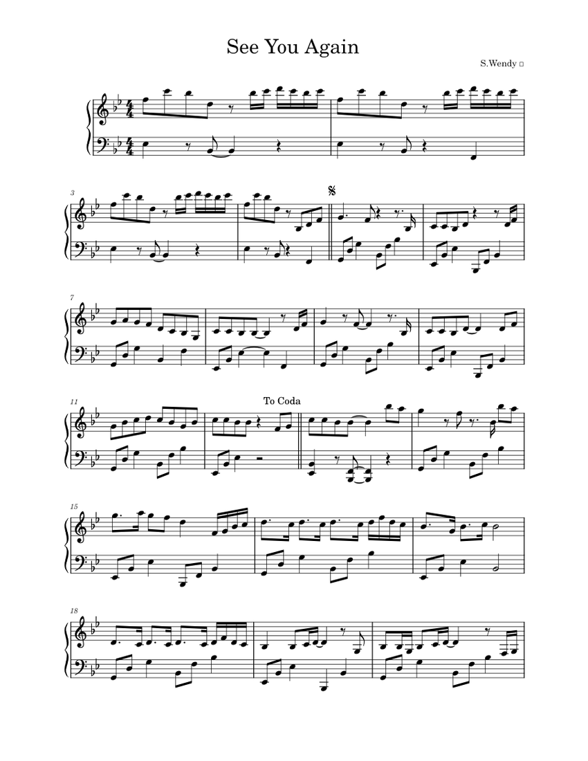 See you again – Wiz Khalifa Sheet Music for Piano (Solo) Easy ...