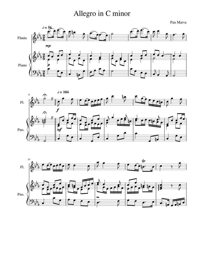 Allegro in C minor Sheet music for Piano, Flute (Solo) | Musescore.com