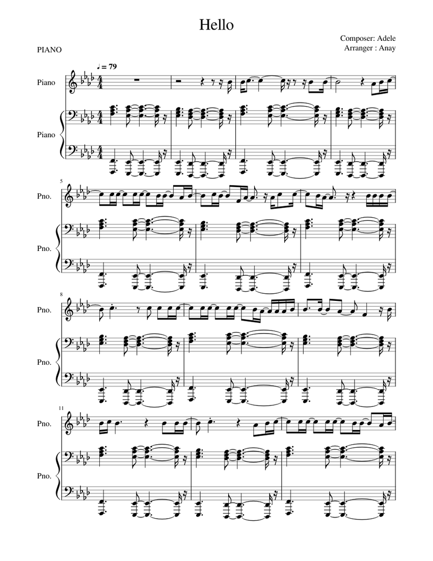 Hello l Adele l Full Song l Sheet Music for Piano (Solo) | MuseScore.com