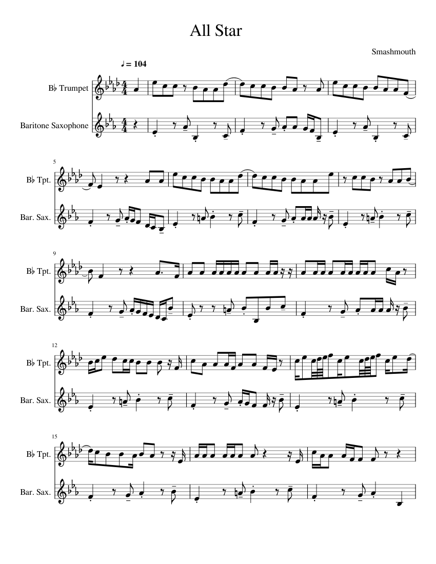 "All Star" Insane Trumpet/Bari Sax duet Sheet Music for Saxophone ...