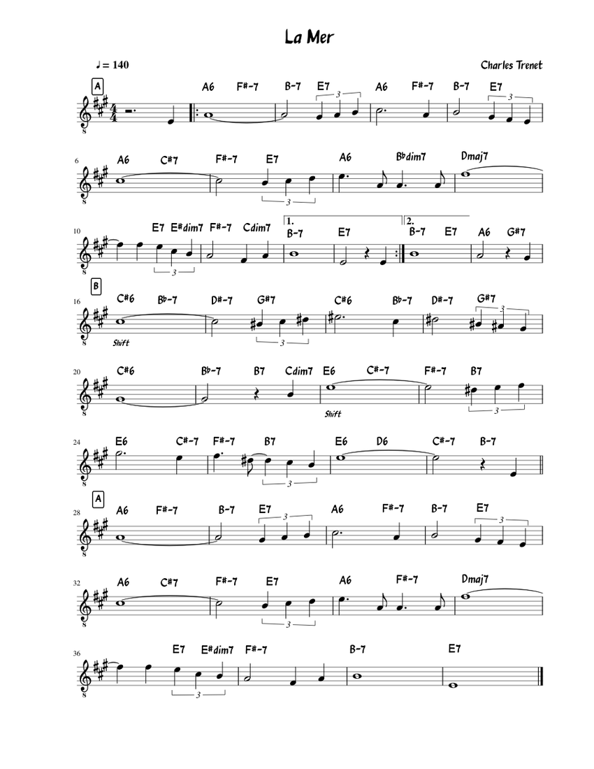 La Mer Sheet Music with Chords for Guitar (Solo) | MuseScore.com