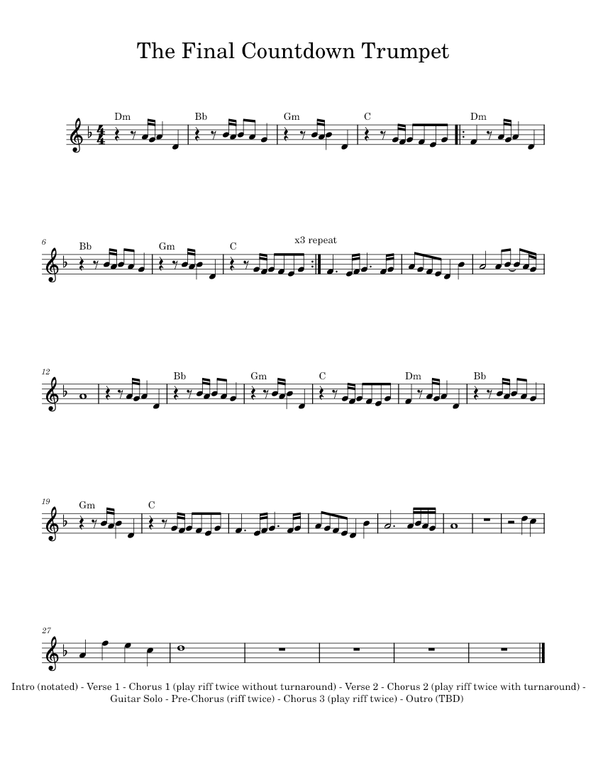 The Final Countdown – Europe Trumpet in D minor Sheet Music for Trumpet ...