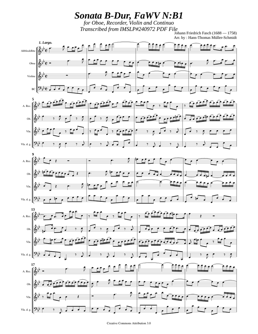 Fasch, J. F. _ Sonata B-Dur, FaWV N:B1 [Ob, Rec, Vln, BC] Sheet Music ...