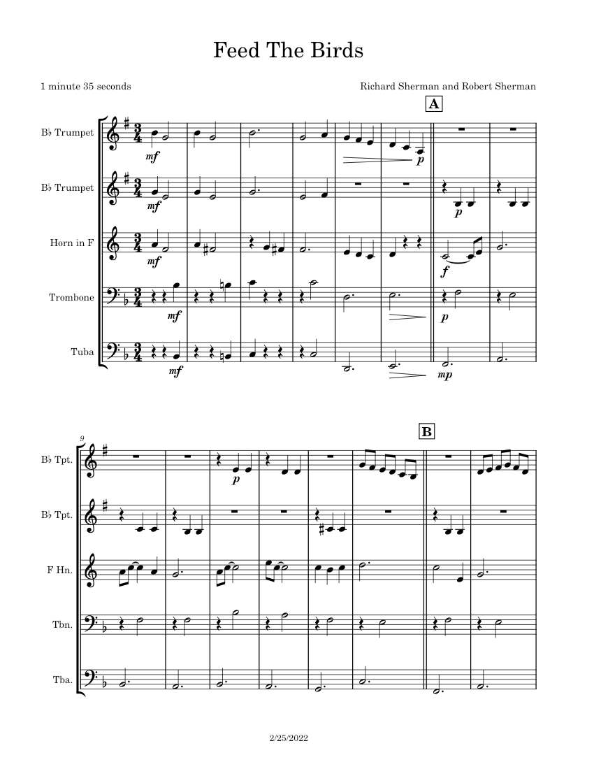 Feed The Birds Sheet Music for Trombone, Tuba, Trumpet in b-flat ...