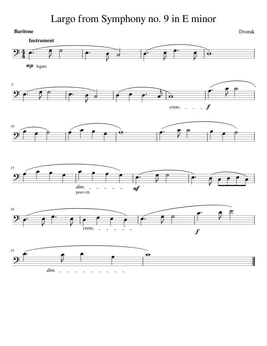 Largo from Symphony no. 9 in E minor Sheet Music for Piano (Solo) Easy ...