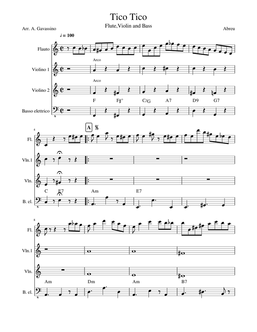 Tico Tico Sheet Music with Chords for Flute, Violin, Bass guitar (Mixed ...
