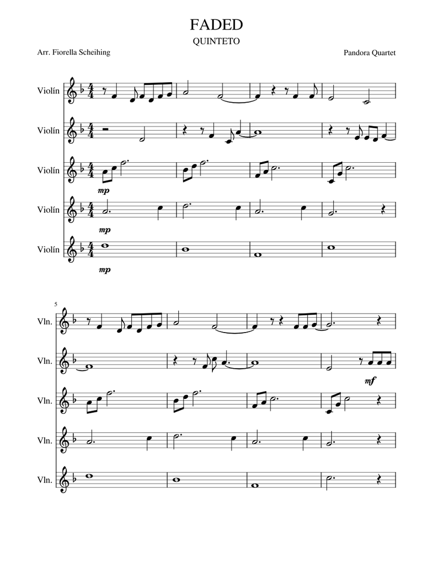 FADED-QUINTETO DE VIOLINES Sheet music for Violin (Mixed Quintet ...