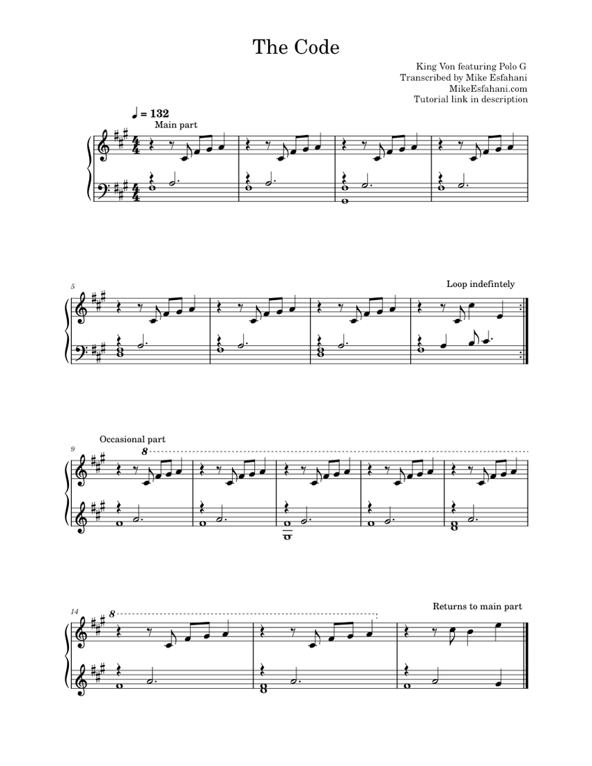 King Von ft. Polo G - The Code Sheet Music for Piano (Solo) easy ...