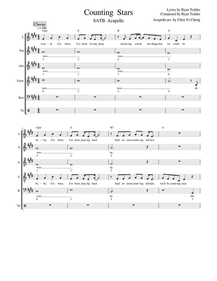 Counting Stars SATB+Solo Acapella Sheet Music with Chords for Piano ...