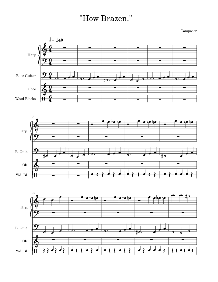 "How Brazen." Sheet music for Oboe, Bass guitar, Harp, Woodblock (Mixed ...