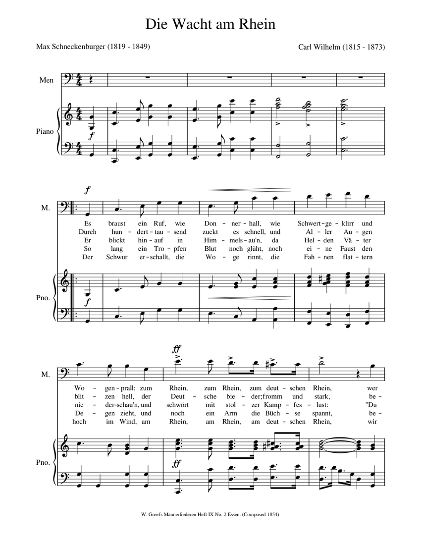 Die Wacht am Rhein Sheet music for Piano, Male (Piano-Voice ...