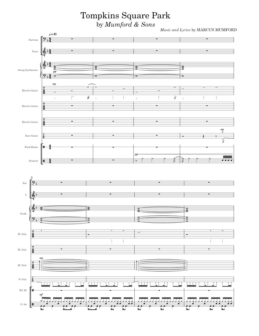 Tompkins Square Park Sheet Music for Tenor, Baritone, Guitar, Bass ...