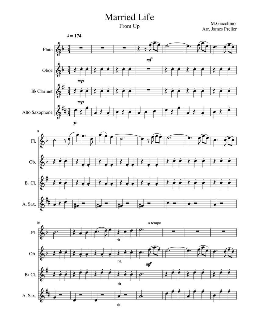 Married Life Sheet Music for Flute, Oboe, Clarinet in b-flat, Saxophone ...