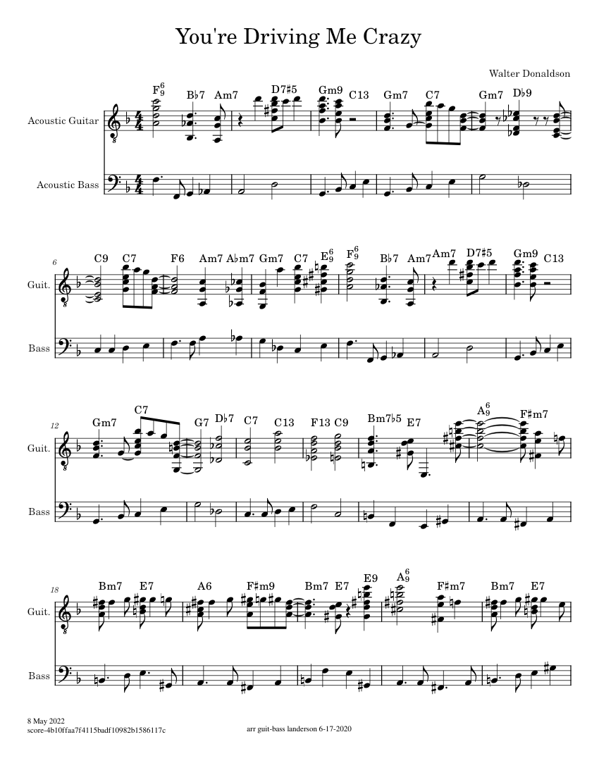 You're Driving Me Crazy – Walter Donaldson Sheet Music for Guitar, Bass ...