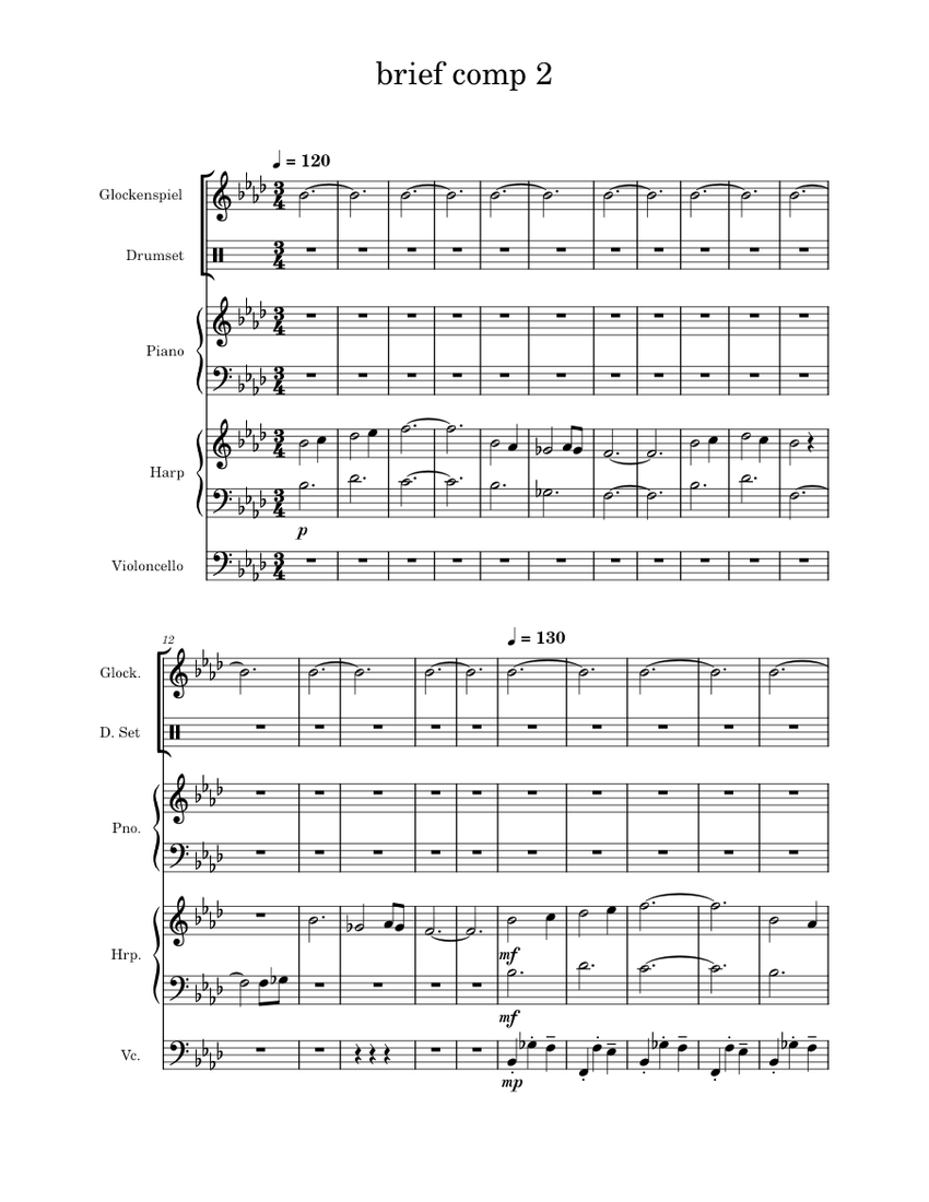 brief comp Sheet music for Piano, Glockenspiel, Cello, Drum group ...
