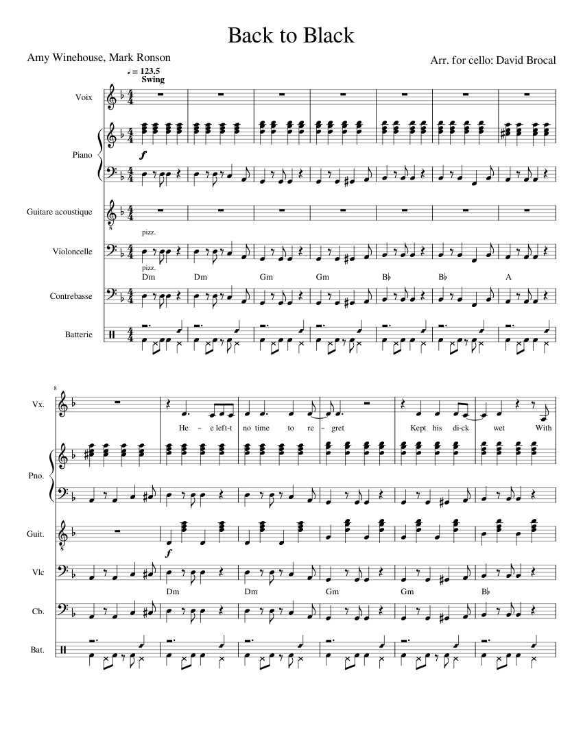 Back to Black Sheet Music with Chords for Piano, Vocals, Contrabass ...