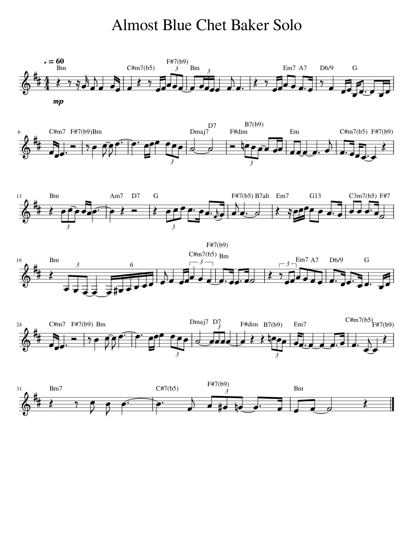 Almost Blue Chet Baker Solo Sheet Music for Trumpet in b-flat (Solo ...