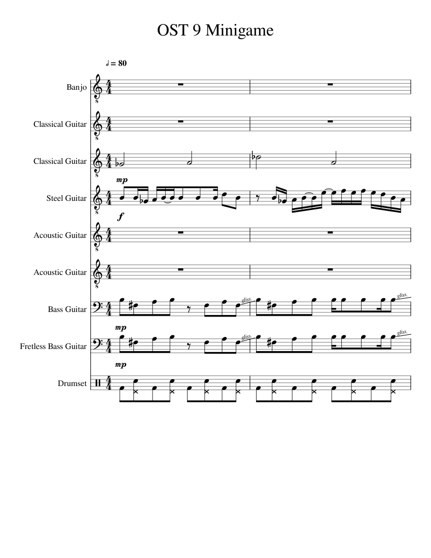 OST 9 Minigame Sheet music for Guitar, Bass guitar, Drum group, Banjo ...