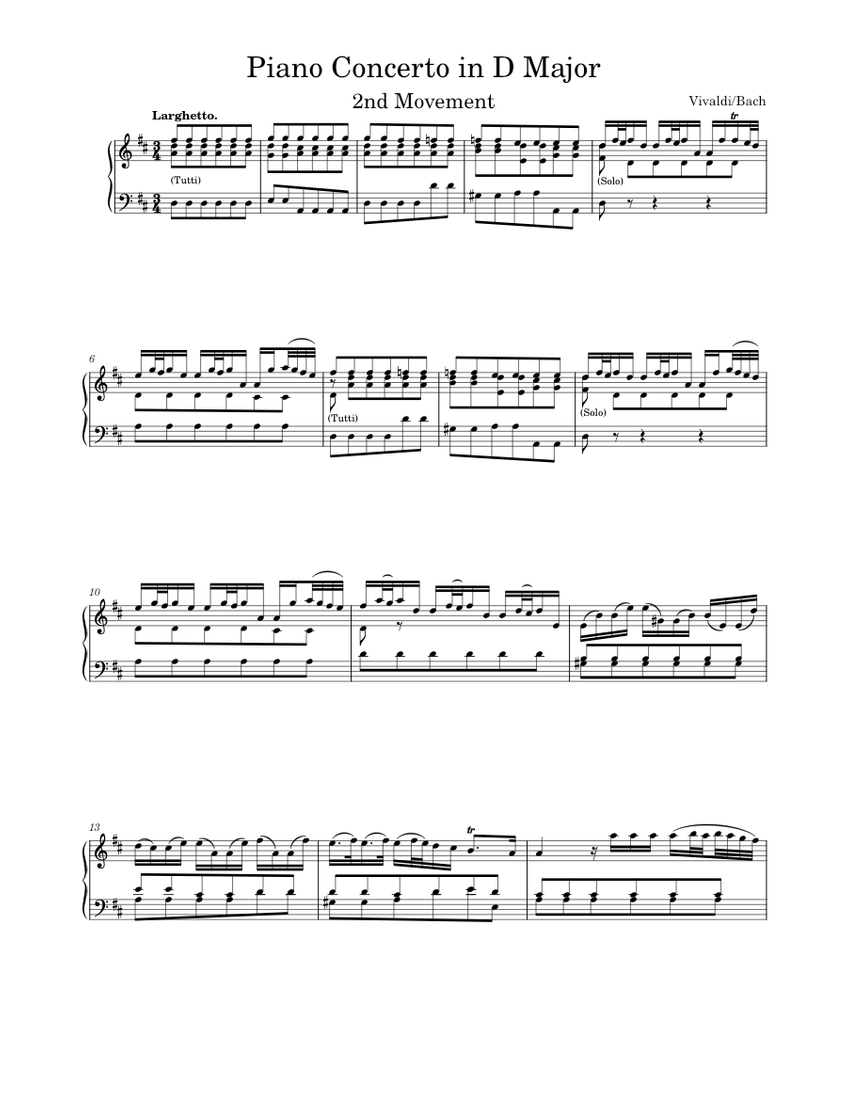 Piano Concerto in D Major Vivaldi/Bach Sheet Music for Piano (Solo ...