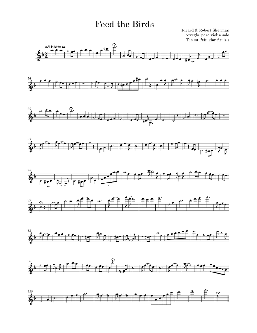 Feed The Birds – Sherman, Robert & Richard Sheet Music for Violin (Solo ...