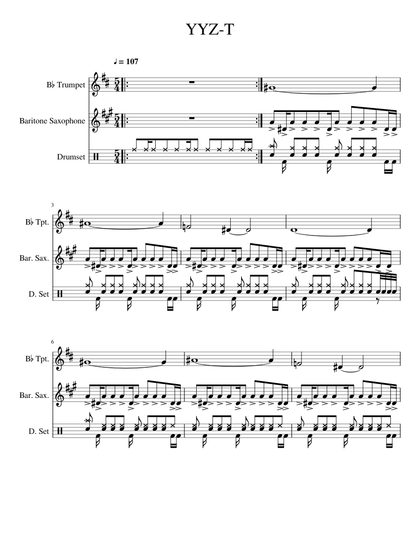 YYZ Sheet Music for Saxophone baritone, Trumpet in b-flat, Drum group ...