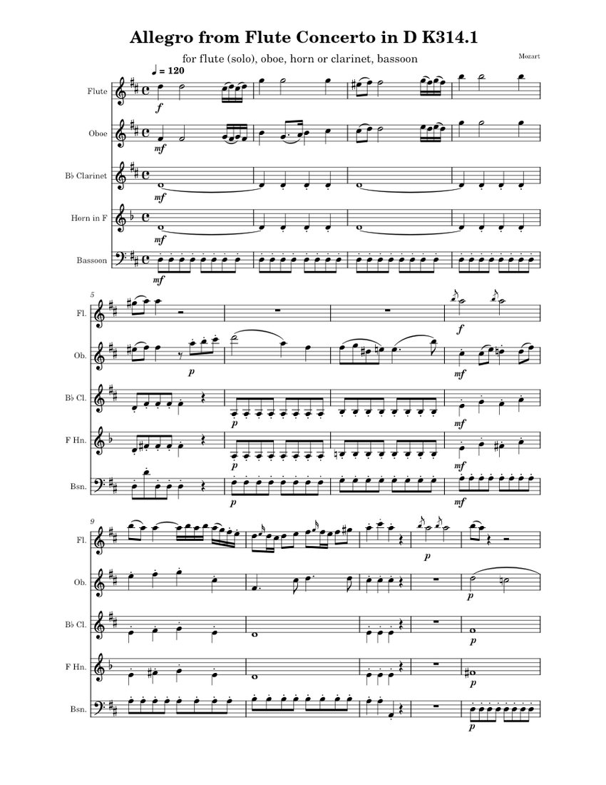 Flute Concerto in D major, K.314/285d – Wolfgang Amadeus Mozart Sheet ...