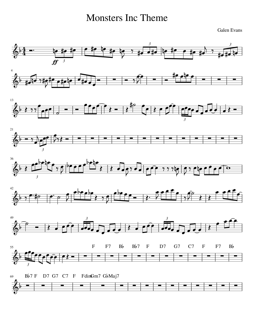 Monsters Inc Trumpet 1 Sheet Music with Chords for Trumpet in b-flat ...