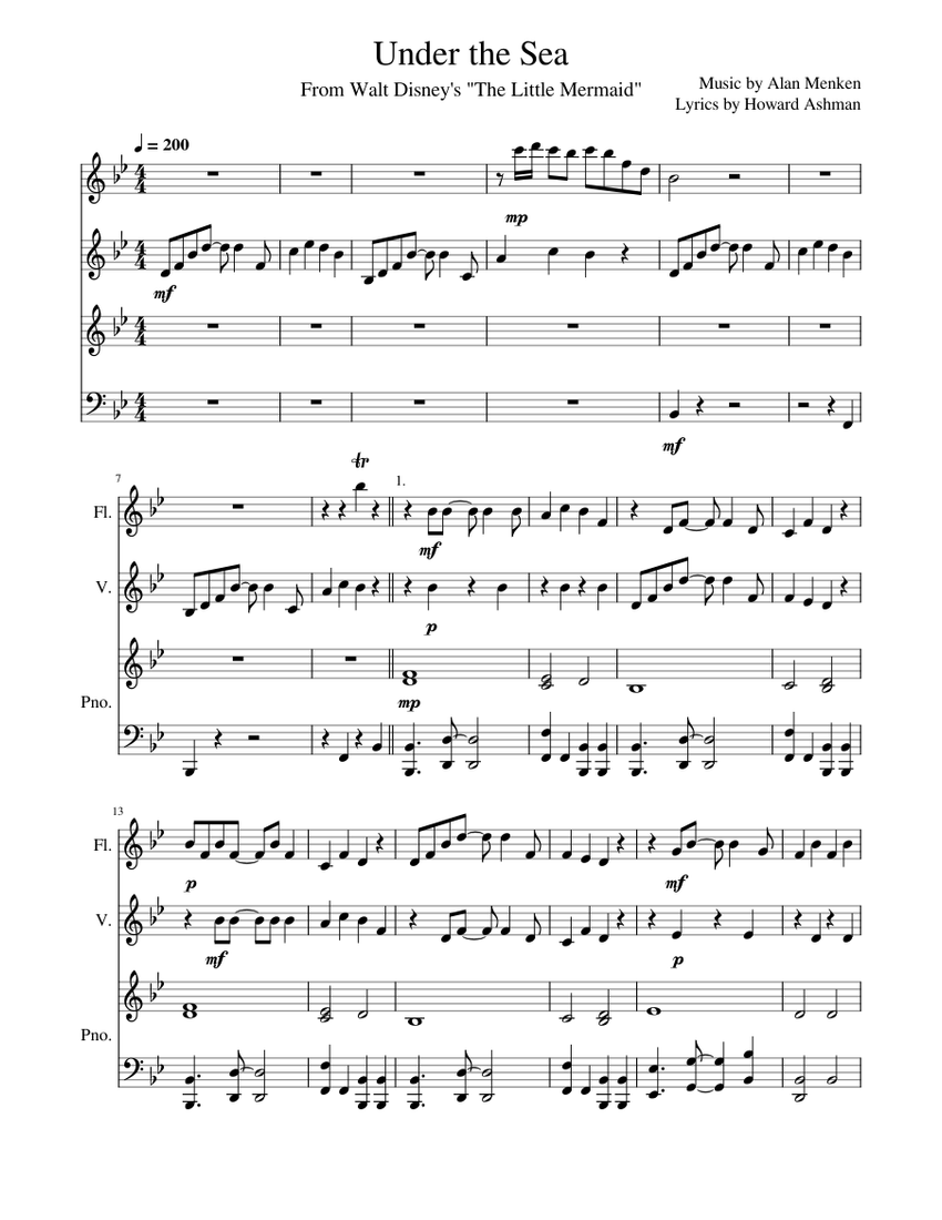 Under The Sea – PNO/VN/FL Sheet Music for Piano, Flute (Mixed Trio ...