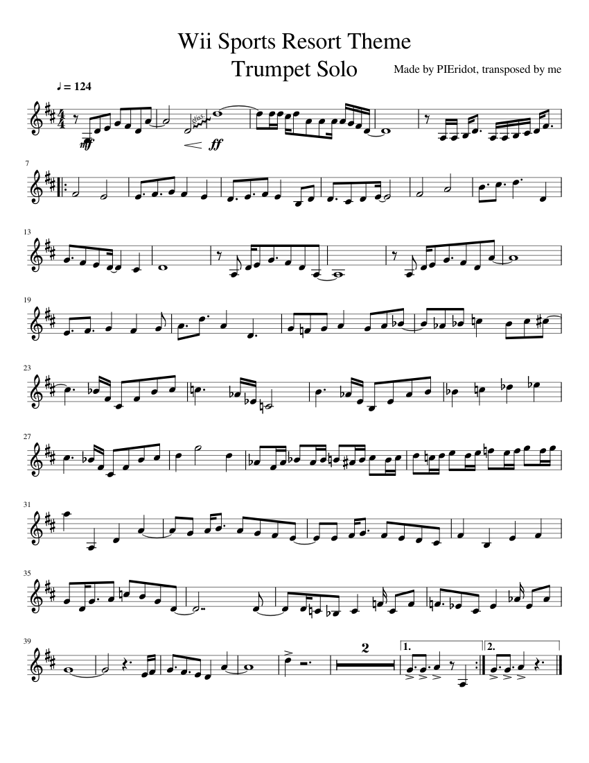 Wii Sports Resort Theme Trumpet Solo Sheet Music for Trumpet in b-flat ...