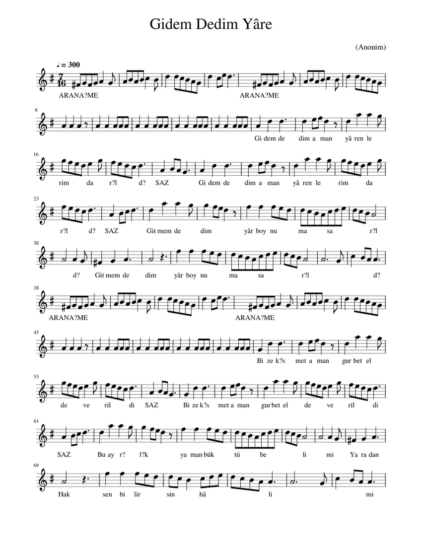 Gidem Dedim Yâre Sheet music for Piano (Solo) | Musescore.com