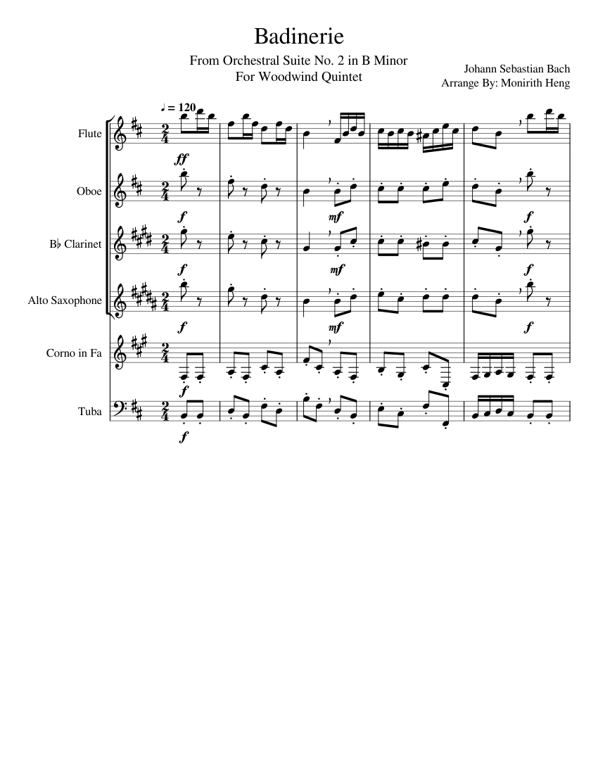 Badinerie For Woodwind super quintet Sheet music for Tuba, Flute, Oboe, Clarinet in b-flat ...