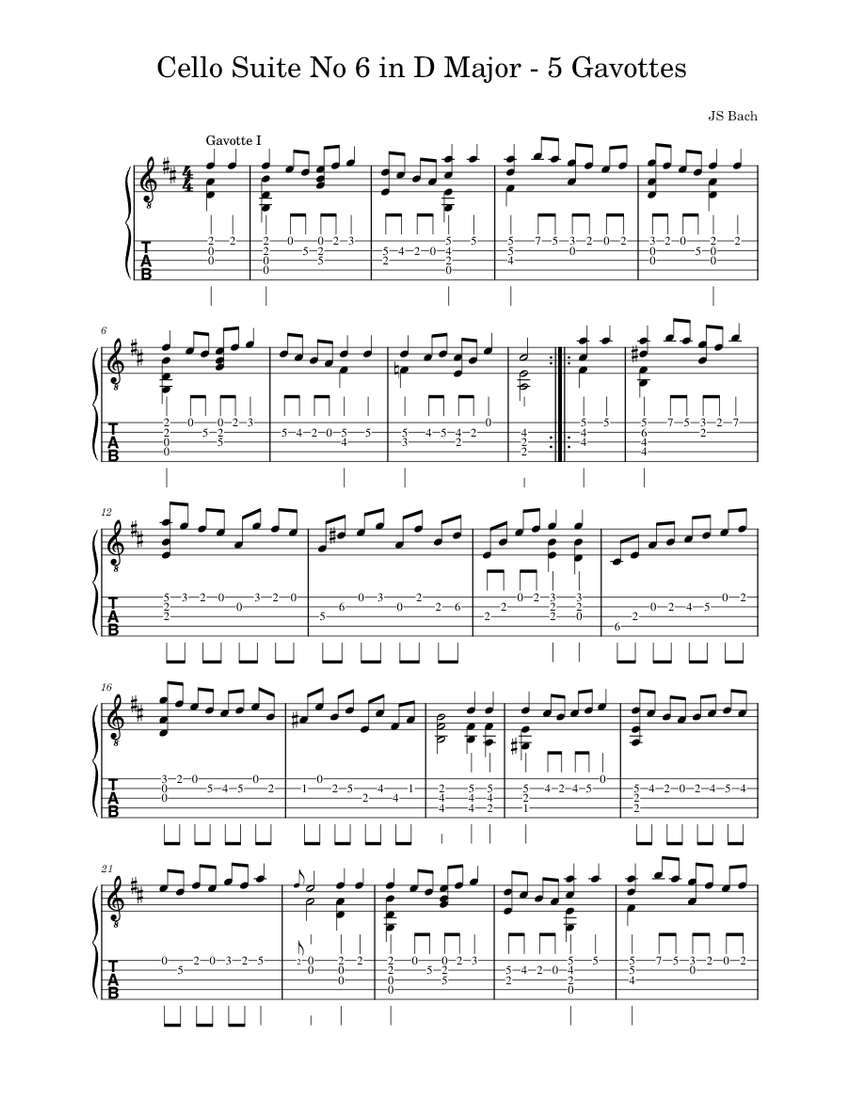 Cello Suite VI, 5 Gavottes – Johann Sebastian Bach Sheet Music and Tab ...